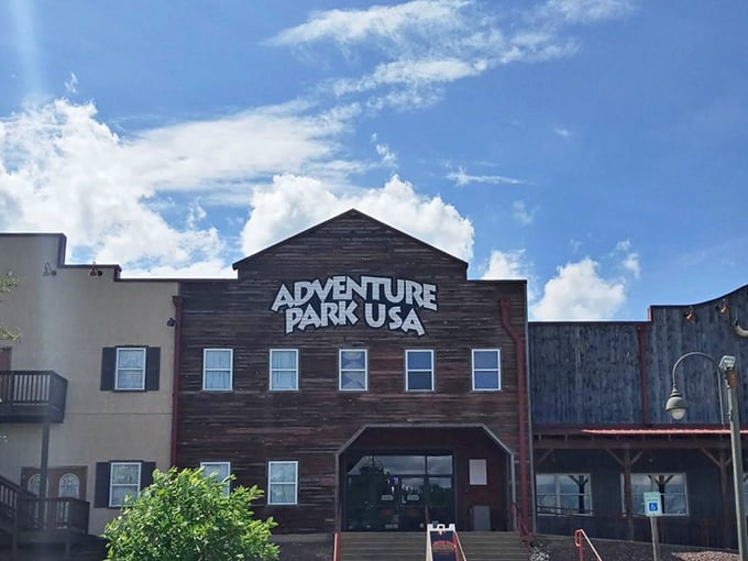 Adventure Park USA's distinctive profile against a perfect blue Maryland sky&mdash;proof that you don't need to travel far to find a slice of vacation magic.