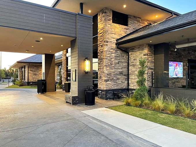 As evening approaches, the exterior lighting transforms Ranch Steakhouse into a beacon for hungry travelers and locals alike.