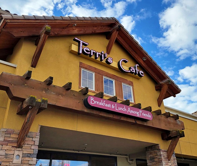 The sunny exterior of Terri's against Idaho's blue sky&mdash;a beacon of breakfast hope for hungry travelers and locals alike.