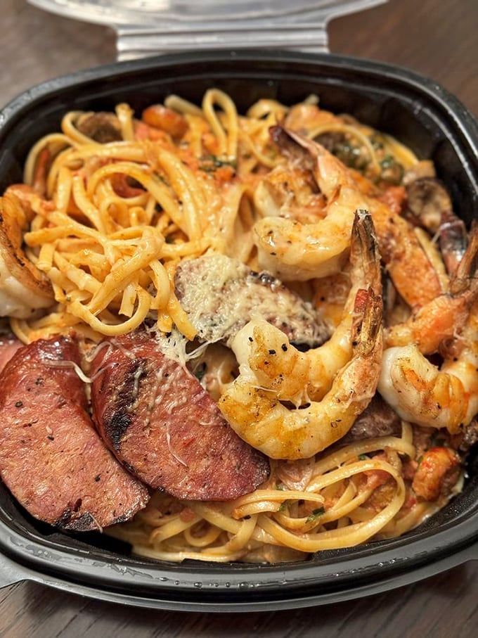 Pasta Mardi Gras brings the celebration to your plate. Shrimp, sausage, and creamy sauce intertwine in a carnival of flavors.
