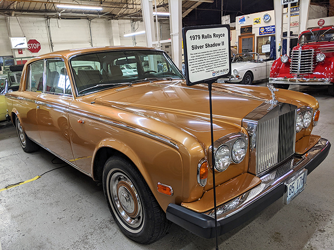 This golden Rolls-Royce Silver Shadow II exudes quiet luxury – the automotive equivalent of speaking softly while carrying a big stick of British engineering excellence.