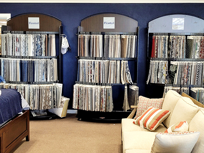 Fabric samples galore! The tactile playground where "just feeling the options" turns into an hour-long sensory experience.