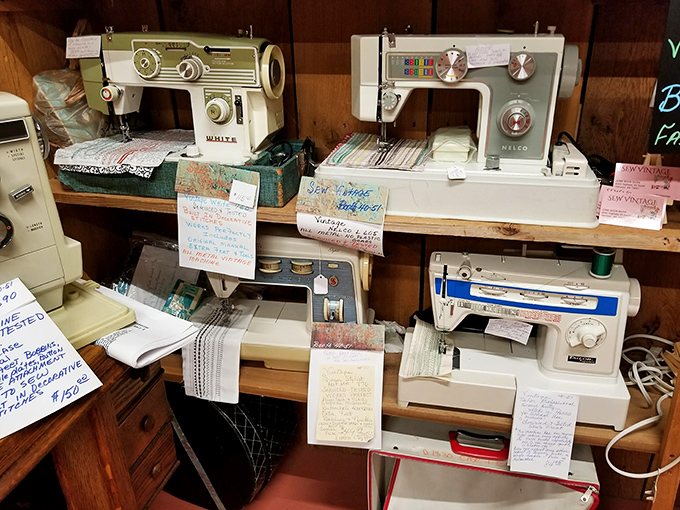 Sewing machines that stitched together families' wardrobes before fast fashion was a thing. Each carries the ghosts of homemade Halloween costumes and patched blue jeans.