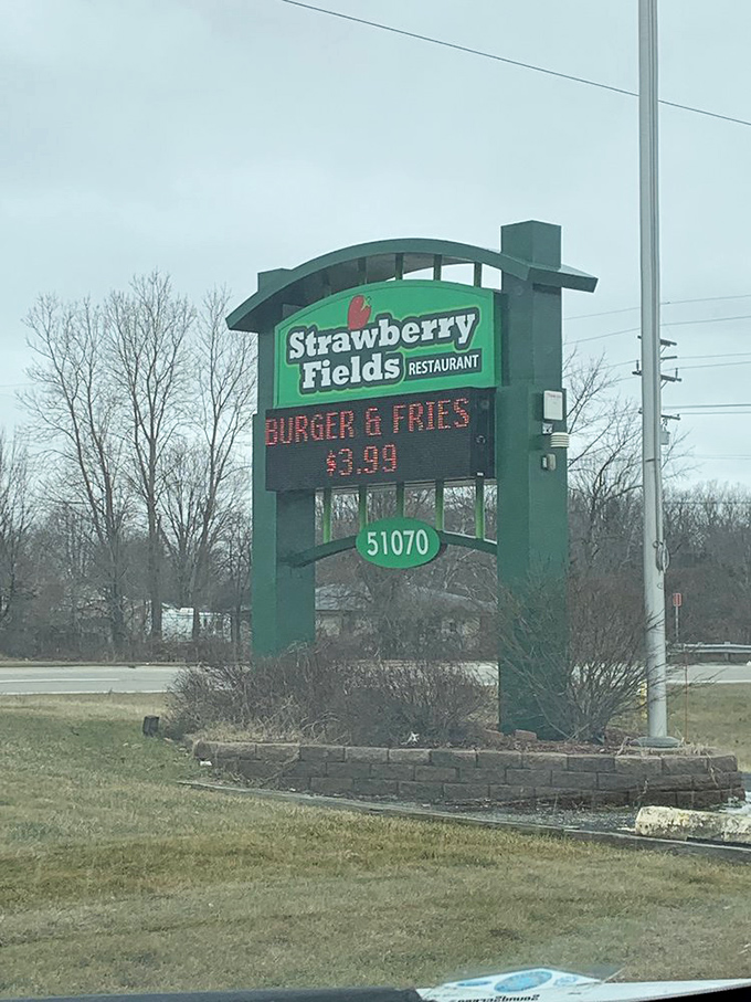 The roadside sign beckons hungry travelers with the promise of burgers and fries &ndash; a beacon of hope on the Michigan landscape.