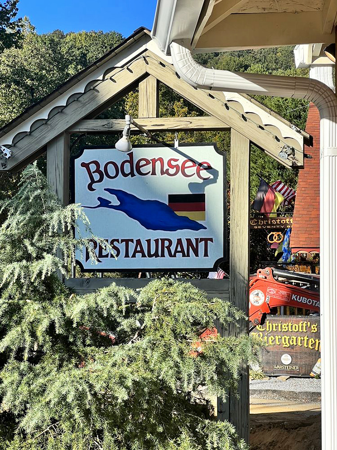 The sign promises a taste of Bodensee (Lake Constance), and the restaurant delivers. This wooden marker is your gateway to German culinary bliss.