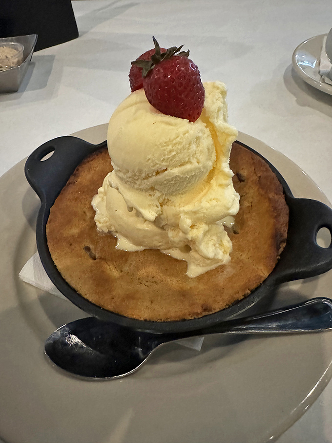 This skillet cookie topped with vanilla ice cream and a strawberry proves that even seafood restaurants know how to nail a sweet finale.