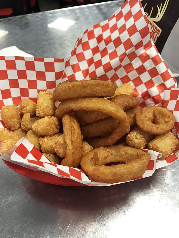 The holy trinity of diner sides&mdash;onion rings and tater tots sharing a basket like old friends. Some relationships are just meant to be.