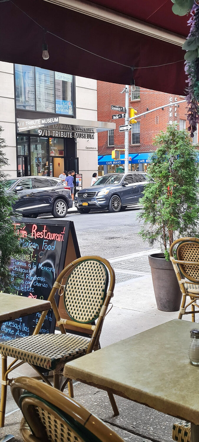 A glimpse of New York reality from your Mexican oasis, where outdoor seating offers prime people-watching with your pico de gallo.