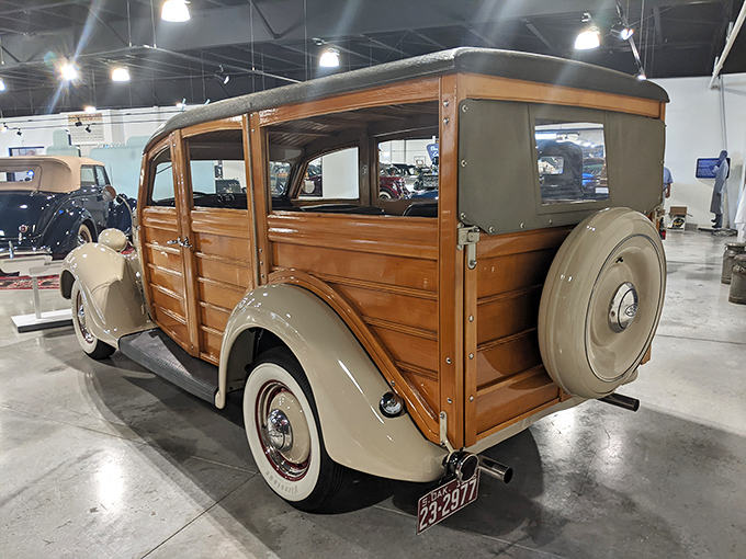 From the rear, the Woodie wagon reveals its true character &ndash; part car, part cabin, all American ingenuity on whitewalls.