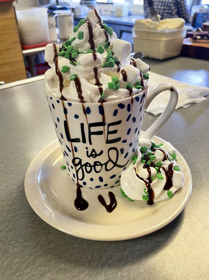 Not just hot chocolate, but a mug of happiness topped with a cloud of whipped cream. The "Life is Good" message seems particularly accurate when facing this sweet masterpiece.