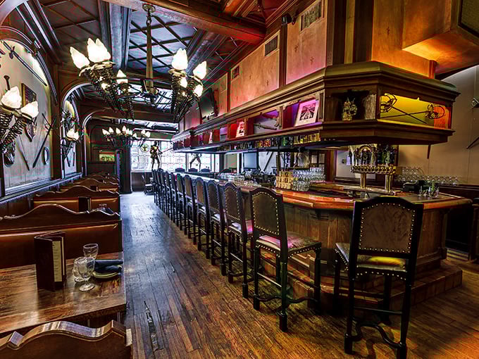 A bar that looks like it was transported straight from a Bavarian hunting lodge, where every stool has probably heard a thousand great stories.