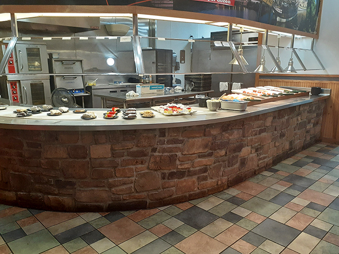 The dessert station: where diet plans go to die happy. Those pies aren't just waiting&mdash;they're practically whispering your name from behind that stone counter.