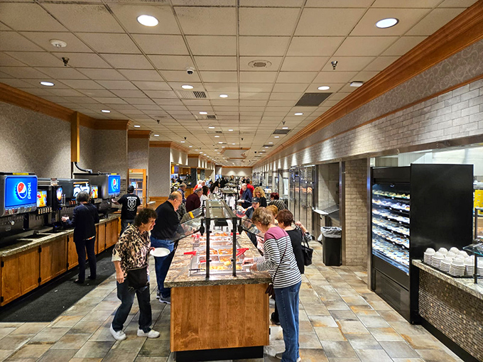 The buffet area: where strategy matters as much as appetite. Veterans know to scout the entire battlefield before committing to their first plate.