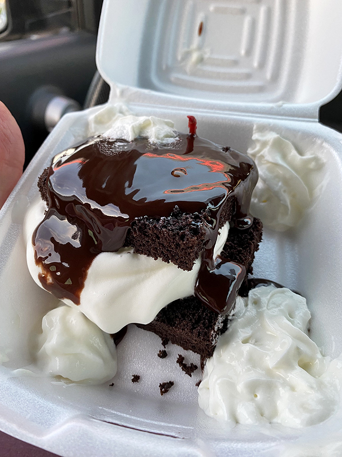 Hot fudge cascading over chocolate cake and ice cream&mdash;proof that happiness can indeed be purchased in a styrofoam container.