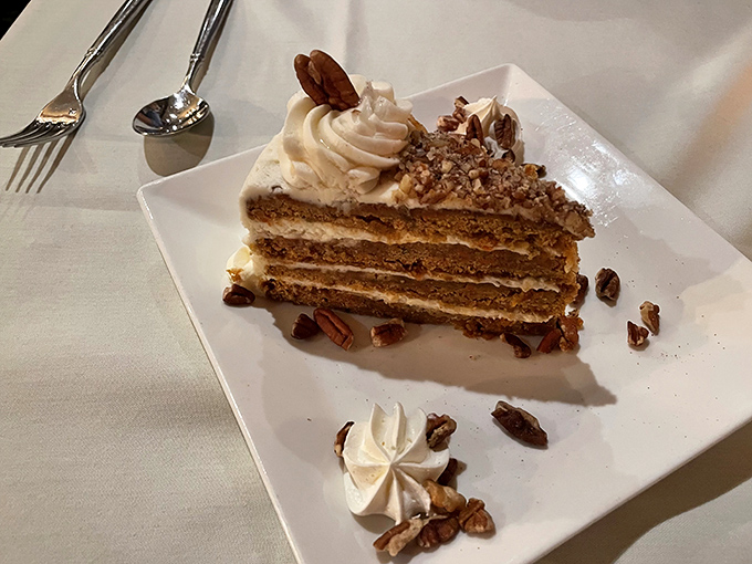 Layer cake that makes you wish you'd skipped the entr&eacute;e to save more room. Those pecans aren't just garnish&mdash;they're an exclamation point.