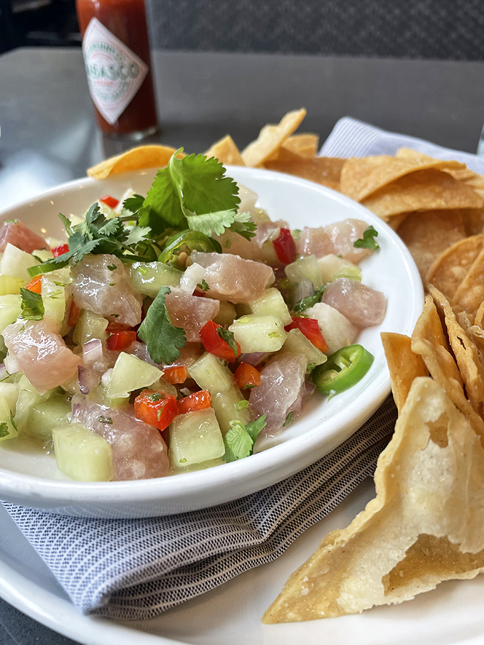 Ceviche so fresh it makes you wonder if there's an ocean hidden somewhere in Utah. Each bite delivers a citrusy wake-up call to your taste buds.