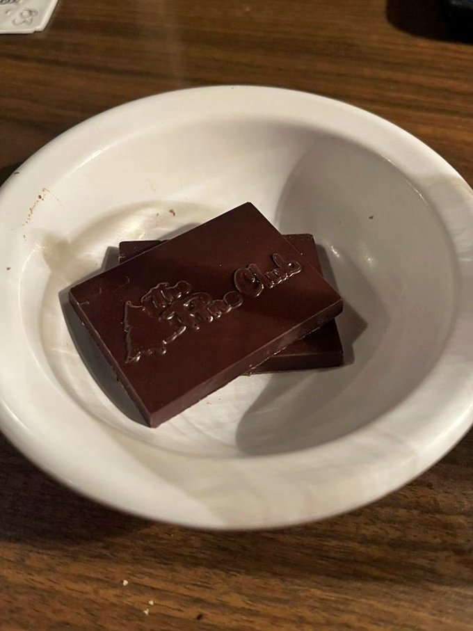 The meal's sweet finale—Pine Club chocolates don't need elaborate plating or sparklers, just quality that speaks for itself in two perfect squares.