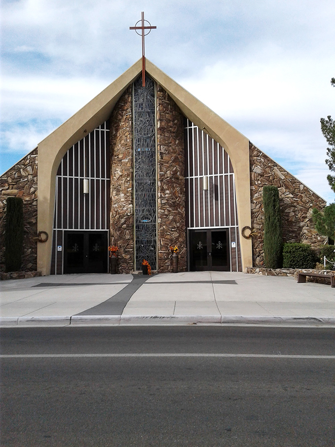 This striking stone church reaches skyward with mid-century modern flair, offering spiritual comfort in architectural form&mdash;and probably the best air conditioning in town during summer services.