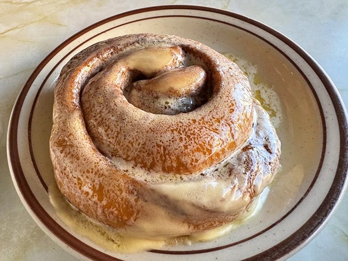 The legendary Frontier sweet roll—a cinnamon-swirled monument to human ingenuity that makes you wonder why we bother with other desserts.