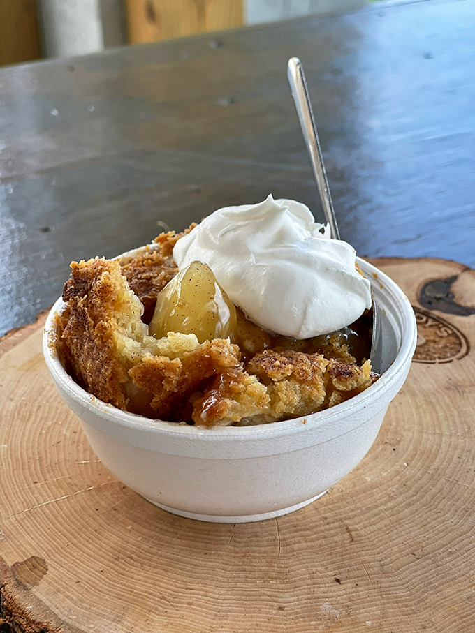 Warm cobbler topped with ice cream: proof that dessert isn't an afterthought here, but a grand finale worthy of a standing ovation.