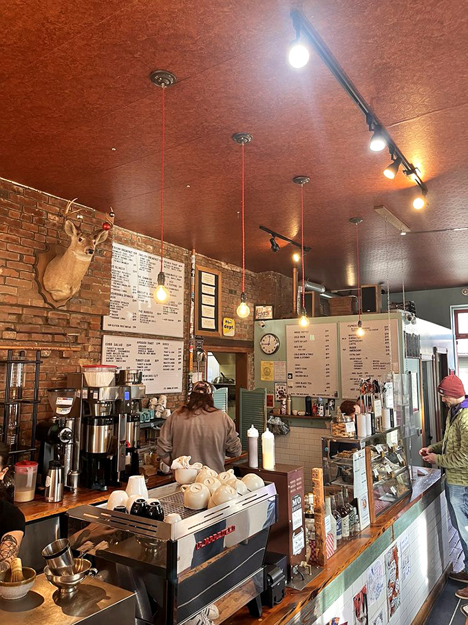 Where the magic happens – pendant lights dangling like caffeinated constellations above the counter where beans become dreams.