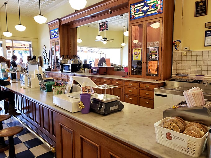The soda fountain counter&mdash;command central for ice cream operations where magic happens one scoop at a time.