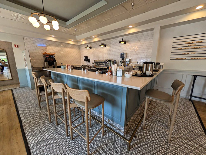 The coffee counter &ndash; command central for morning revival operations where caffeine meets craftsmanship in a cozy corner of breakfast heaven.