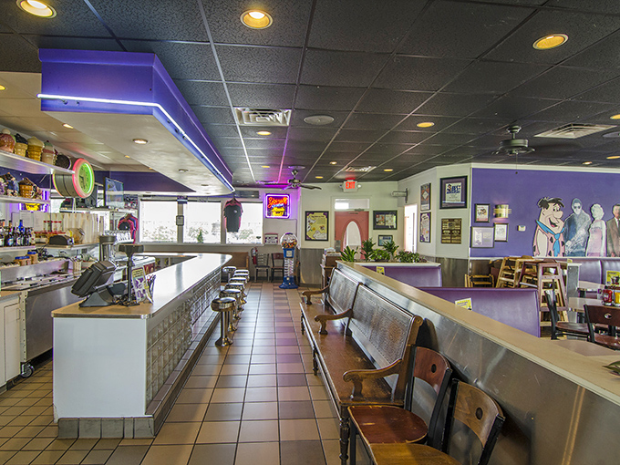 Counter seating at The Purple Cow offers dinner and a show as you watch the kitchen ballet while perched on chrome stools.
