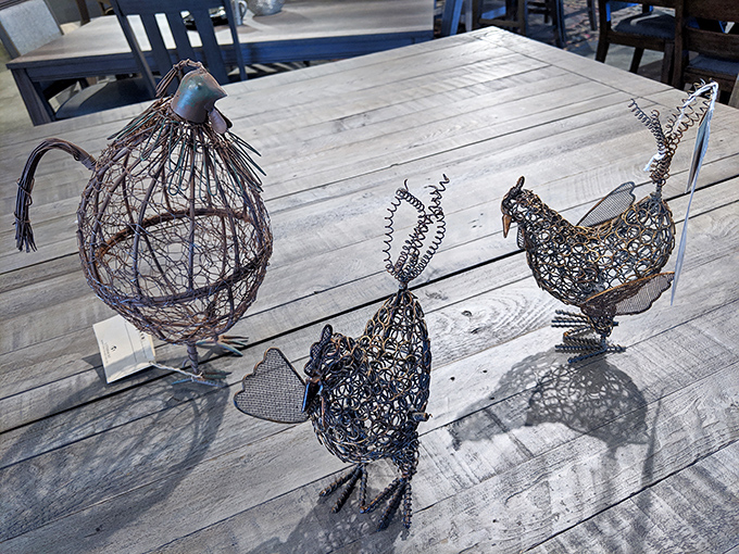 Wire sculptures with personality prove that even decorative chickens can be art. These metallic birds would make excellent dinner party conversation starters.
