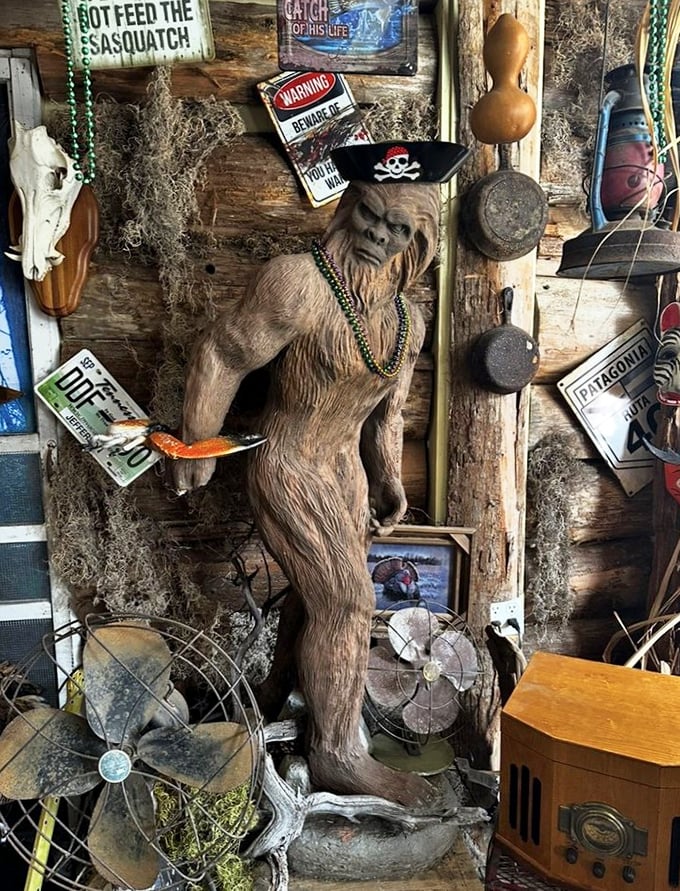 "Do Not Feed The Sasquatch" warns the sign, but this dapper cryptid &ndash; complete with pirate hat and beads &ndash; clearly feeds well on Louisiana cuisine.