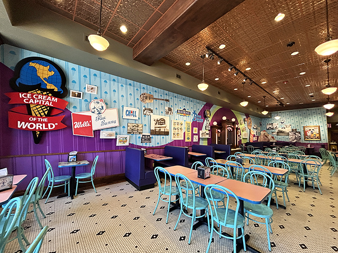 The dining area's retro charm, with its colorful chairs and nostalgic wall decorations, creates the perfect backdrop for ice cream memories in the making.