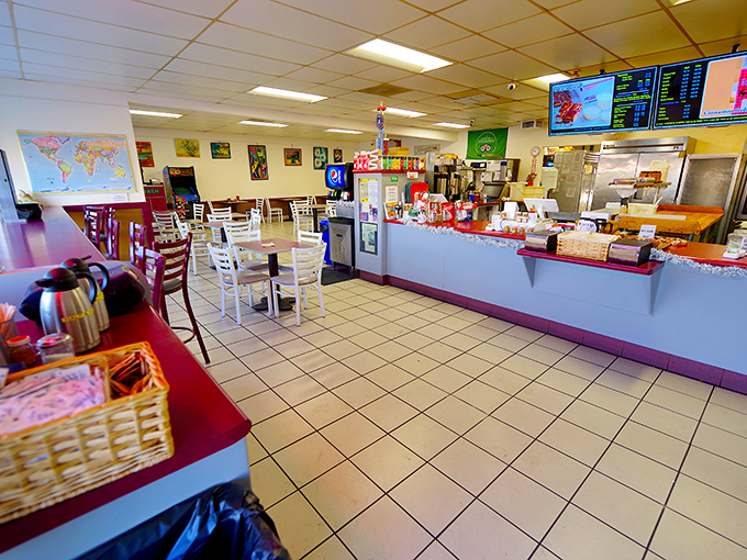 The dining area might be simple, but it serves its purpose&mdash;providing a stage where the real stars, those magnificent cinnamon rolls, can shine.