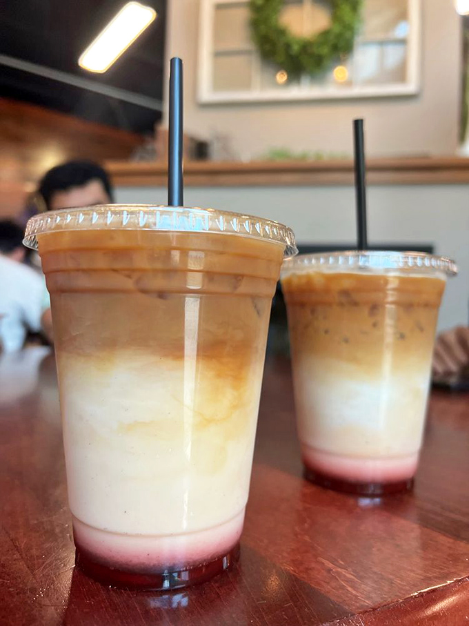 Layered drinks that look like sunrise in a cup—the perfect companion to French toast and good conversation.