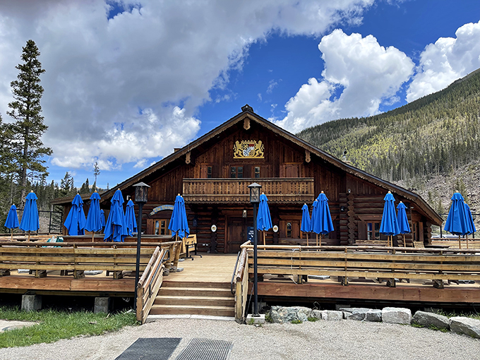 The grand entrance promises Alpine adventures ahead, with blue umbrellas standing at attention like sentries guarding culinary treasures.