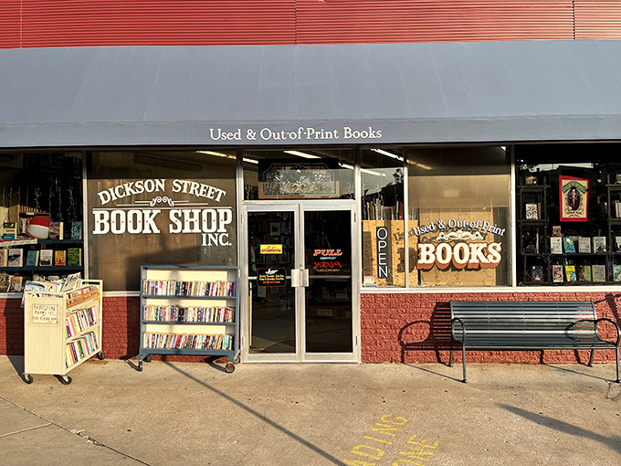 The welcoming entrance to this temple of stories, complete with sidewalk displays that function as literary appetizers before the main course inside.