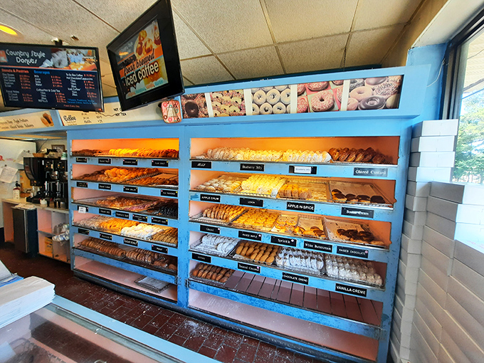 The wall of temptation. This display case doesn't just offer donuts&mdash;it offers life choices, each one more deliciously irresponsible than the last.