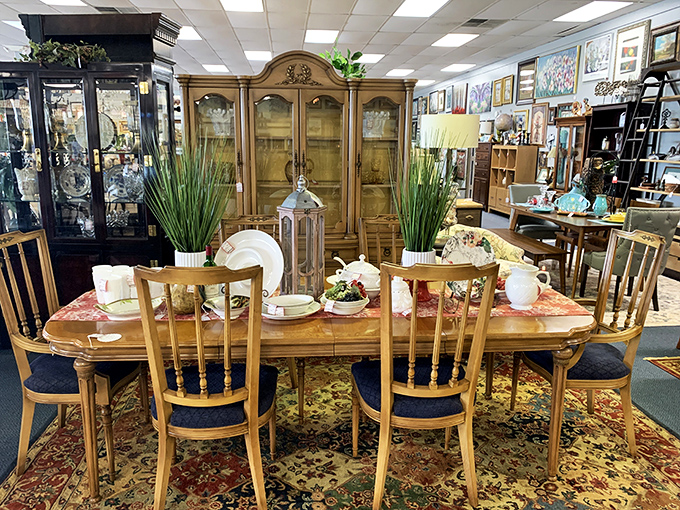 A dining setup that says "yes, we use the good china on Tuesdays." Classic wooden chairs surrounding a table that's seen more interesting conversations than most therapists.