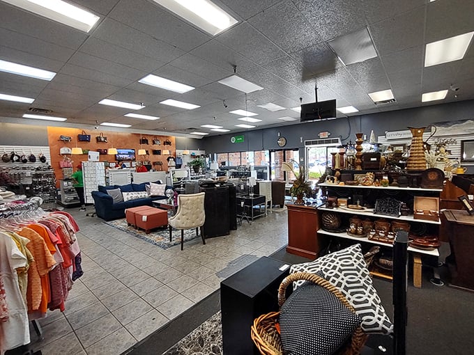 The open floor plan reveals furniture islands in a sea of possibility. That blue sofa could be the cornerstone of your next living room revolution.