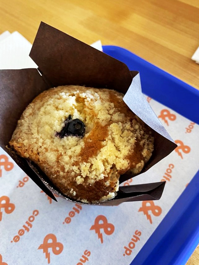 Blueberry muffin perfection with a crown of crumble topping that brings to mind what grandmothers bake in heaven when angels have breakfast cravings.