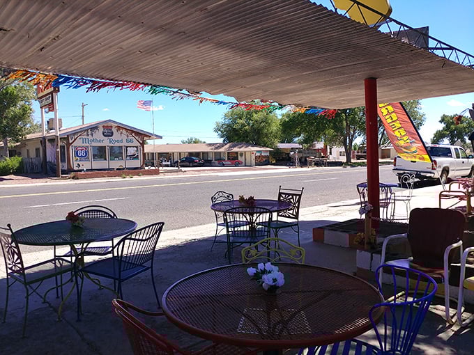 Outdoor seating with a view of Americana&mdash;where every table offers front-row seats to the parade of Route 66 pilgrims.