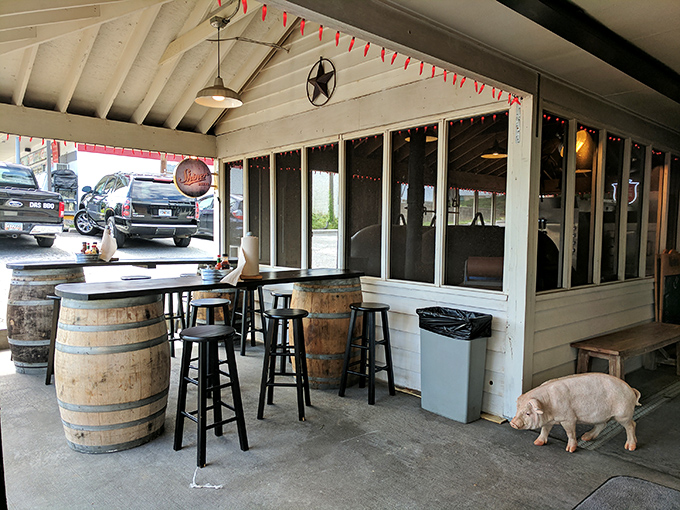 Outdoor seating with barrel tables where you can enjoy your barbecue feast under Georgia's beautiful skies.