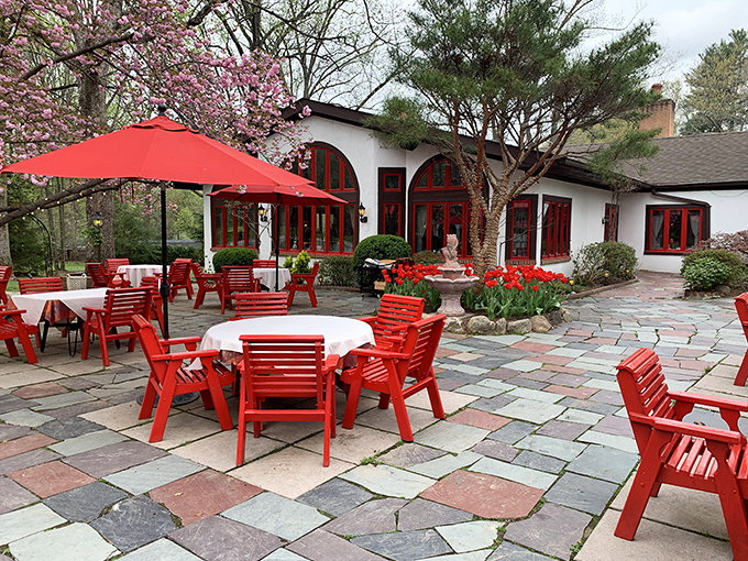 Spring blossoms frame the outdoor dining area, where those signature red chairs invite you to linger over lunch. Al fresco dining here feels like you've discovered France's best-kept secret.