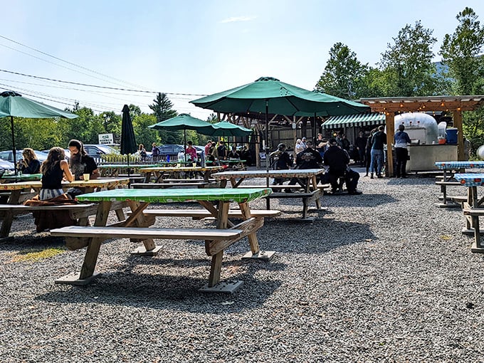 Outdoor seating that invites lingering. Mountain air makes everything taste better, especially when enjoyed at these rustic picnic tables under Catskills skies.