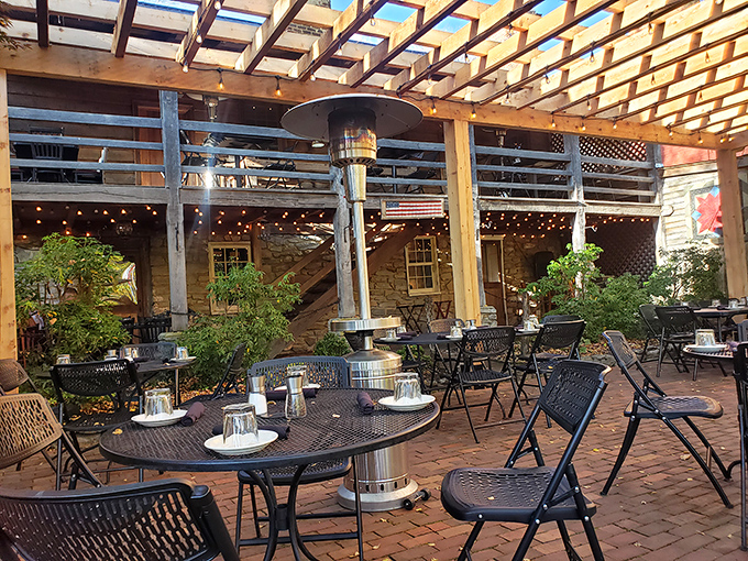 Outdoor dining that strikes the perfect balance between rustic charm and elegant comfort, with enough heaters to keep Virginia evenings at bay.