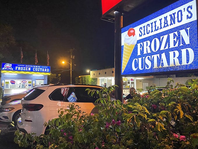 As night falls, Siciliano's glows like a blue-tinged North Star for dessert pilgrims. Cars queue up for what might be Florida's most honest pleasure.