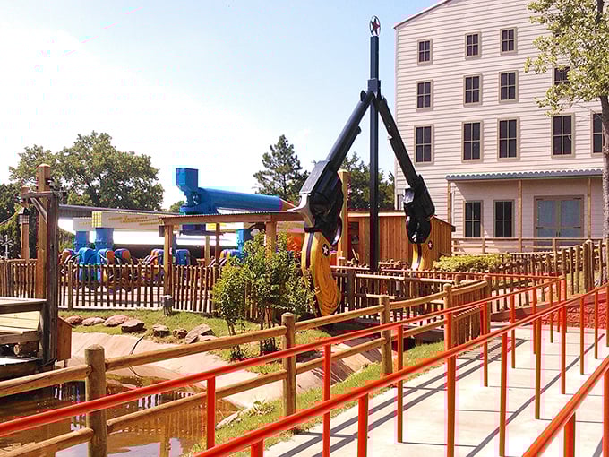 This impressive thrill ride towers against the Oklahoma sky, promising the kind of vertical adventures that would make pioneers grateful for solid ground.