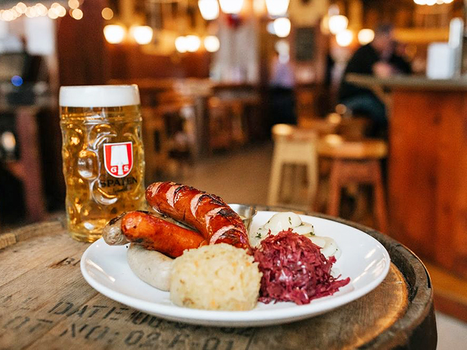 A perfect trio: sausage, sauerkraut, and beer. Some relationships are just meant to be, and this one has stood the test of time.