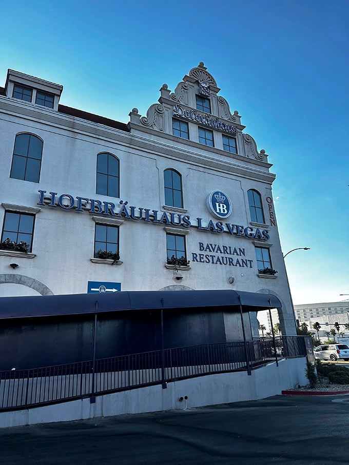 That ornate roofline isn't just architecture&mdash;it's a Bavarian crown sitting proudly atop Las Vegas Boulevard's multicultural kingdom.