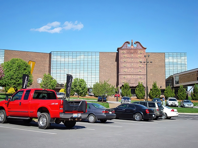 The exterior view reveals the true scale of this furniture mecca, complete with the famous dresser towering above.
