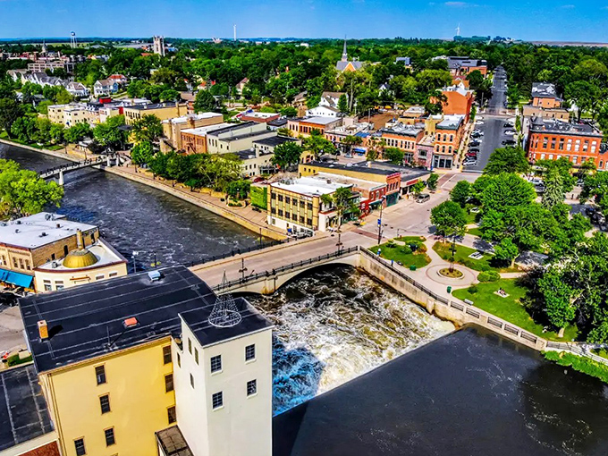 From this bird's-eye view, you can see how the Cannon River doesn't just run through Northfield &ndash; it embraces it like an old friend.